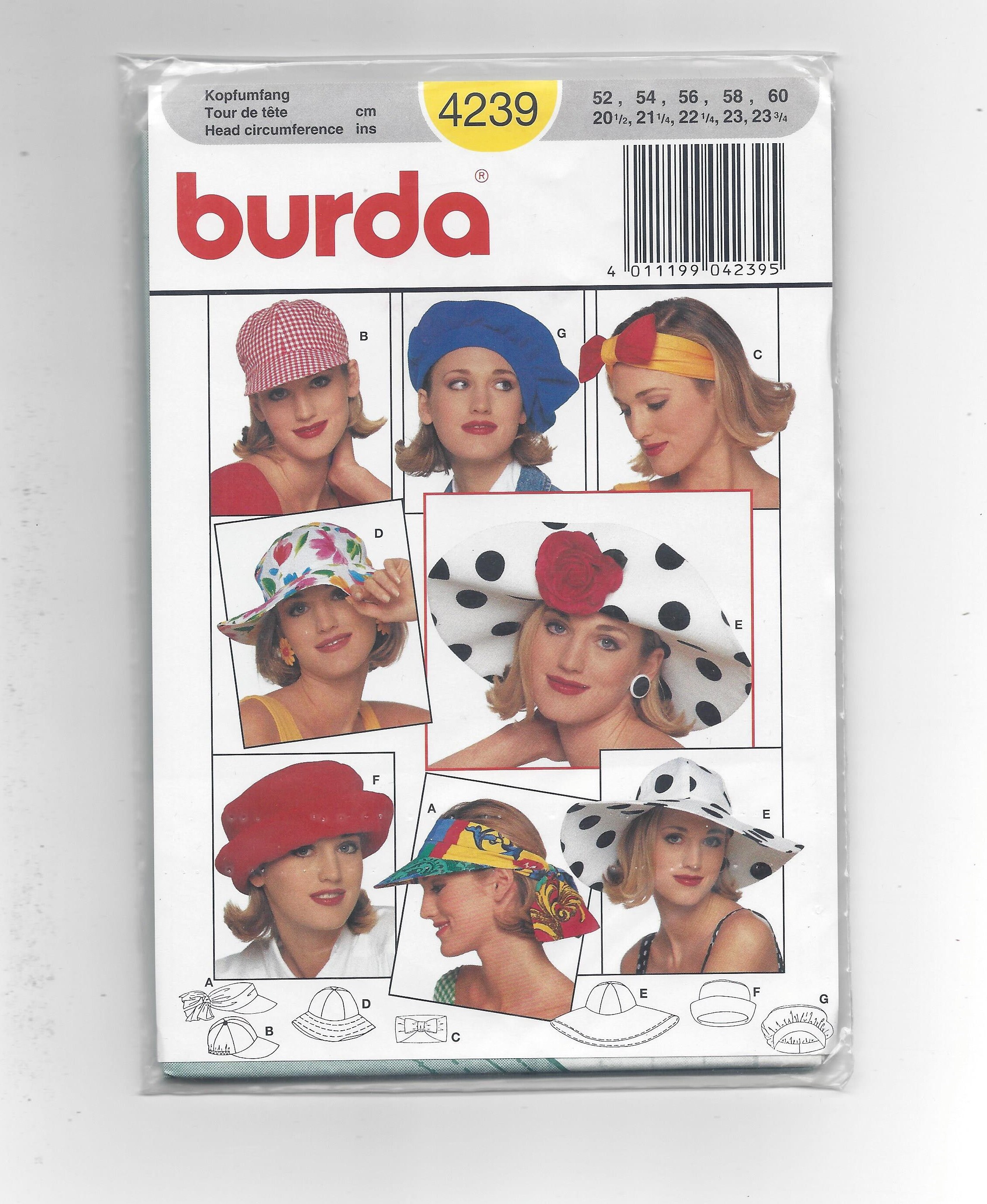 Choice of UNCUT Burda Hats and Caps 3904 4163 or 4239, All Fit Size 20 ...
