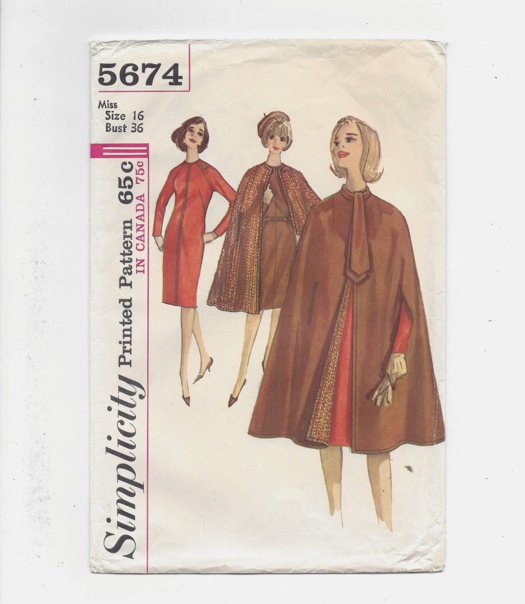 UNCUT 1960s Simplicity 5674 One Piece Long Raglan Sleeve Dress and ...