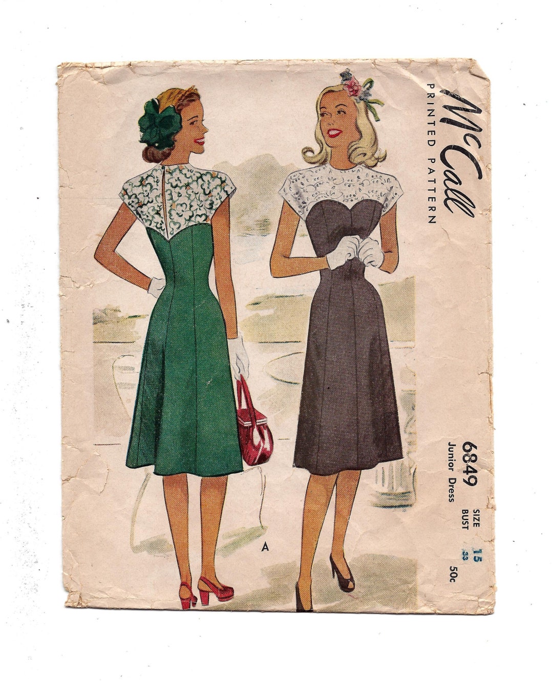 Rare HTF 1940s Mccall 6849 Fitted Waist Dress Unique Yoke Back Button ...