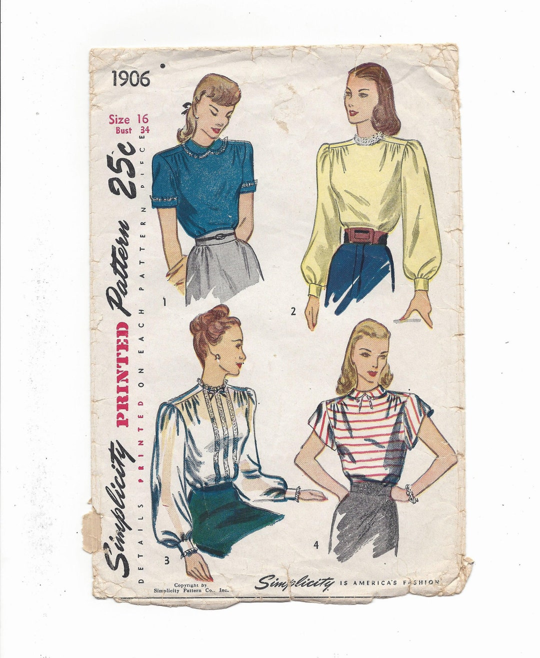1940s Simplicity 1906, Back Button Blouses Fitted With Sleeve Options ...