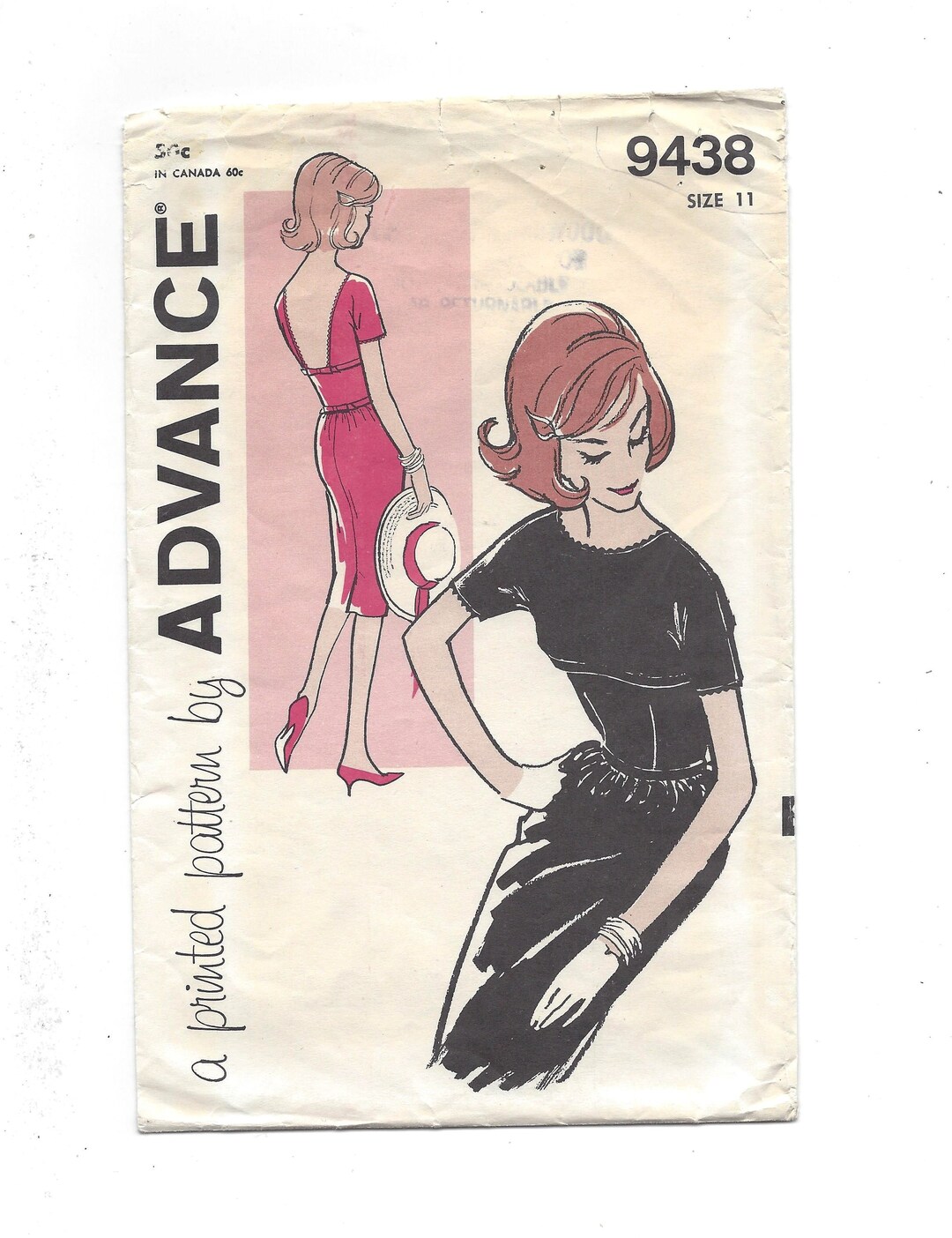 1960 Advance 9438 Slim Dress Deep Square Back Neckline, Bust 31.5 Size ...