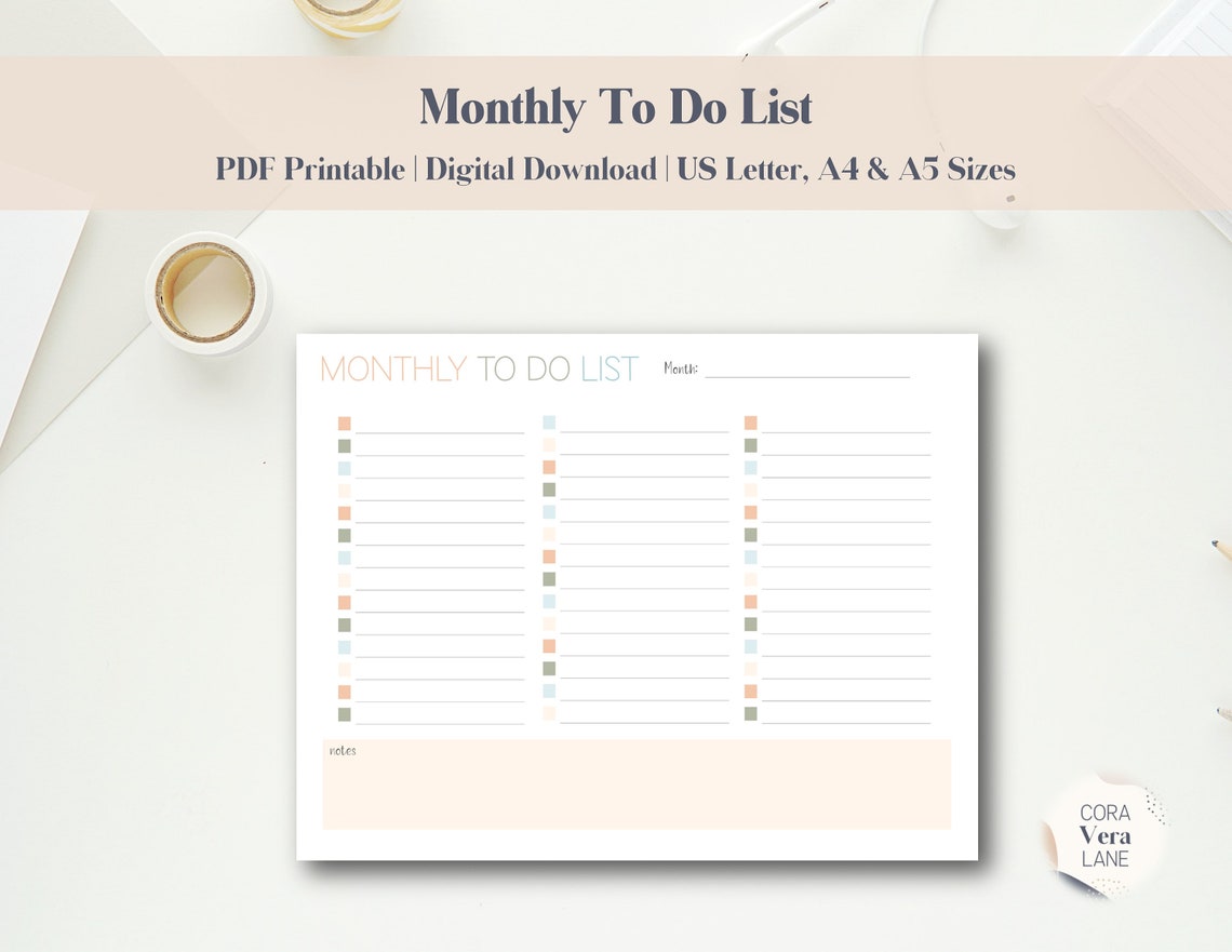 Monthly Planner Printable Horizontal to Do List Productivity - Etsy