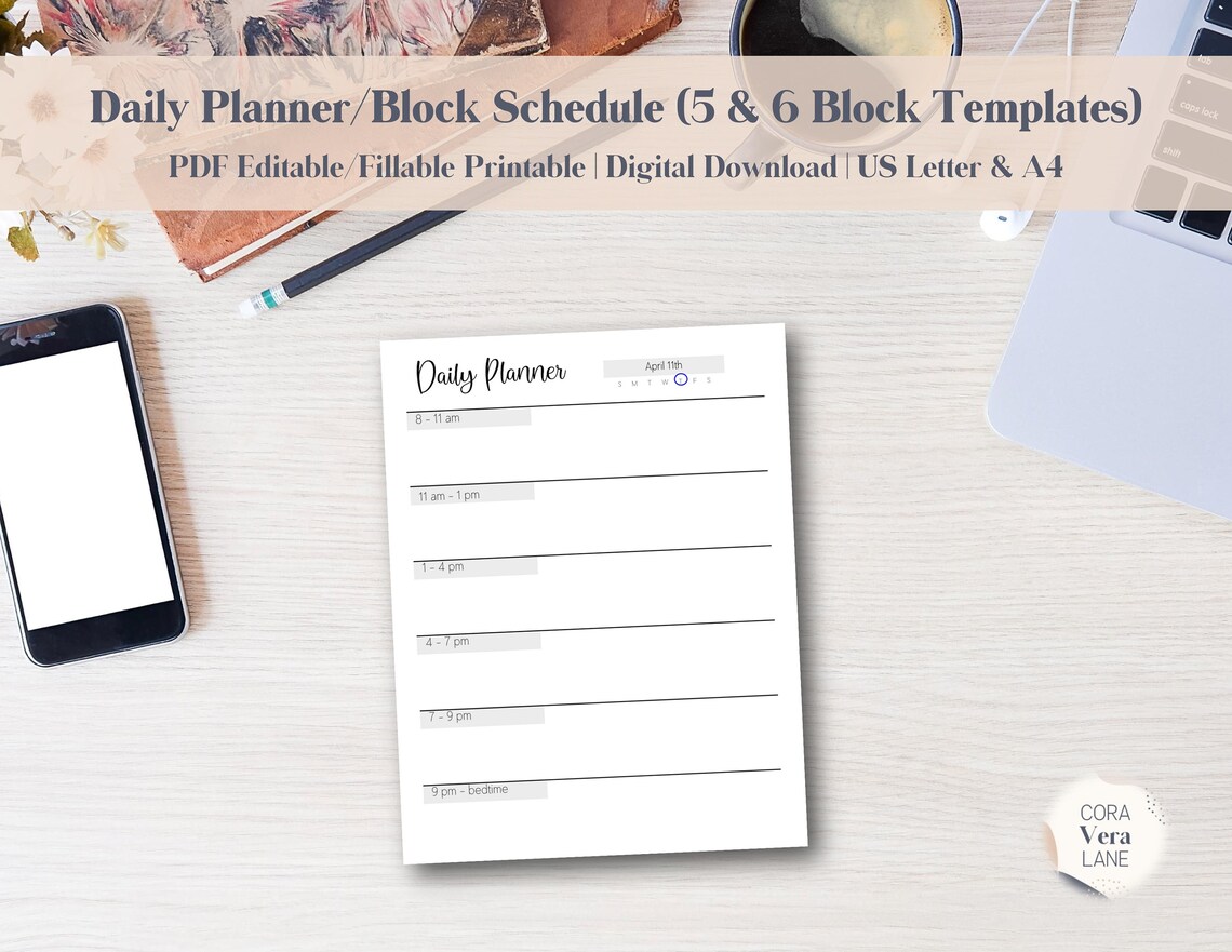 Block Schedule Editable Printable Planner, Productivity Planner, Daily ...