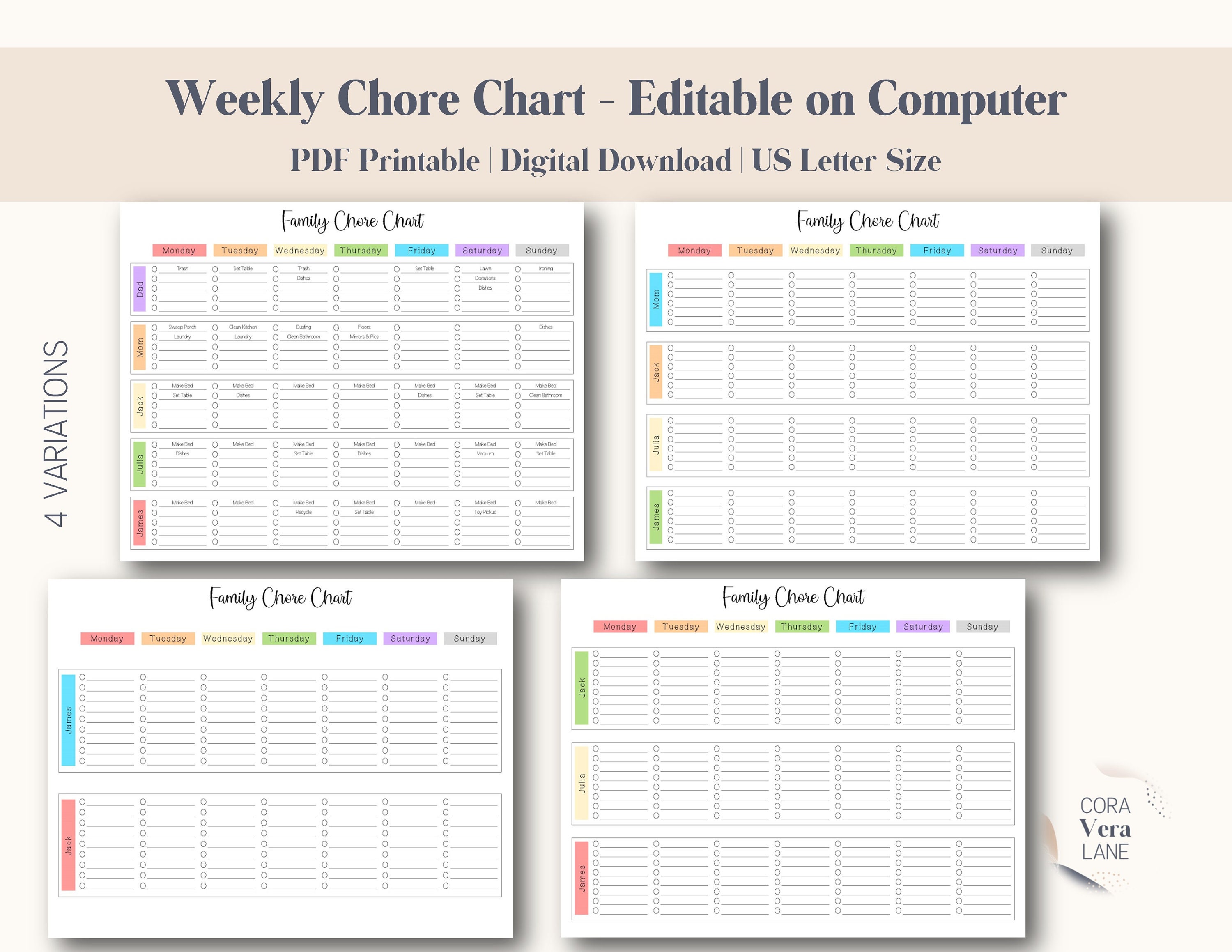 Weekly Chore Chart Family, Chore Chart Template, Weekly Chore List for ...