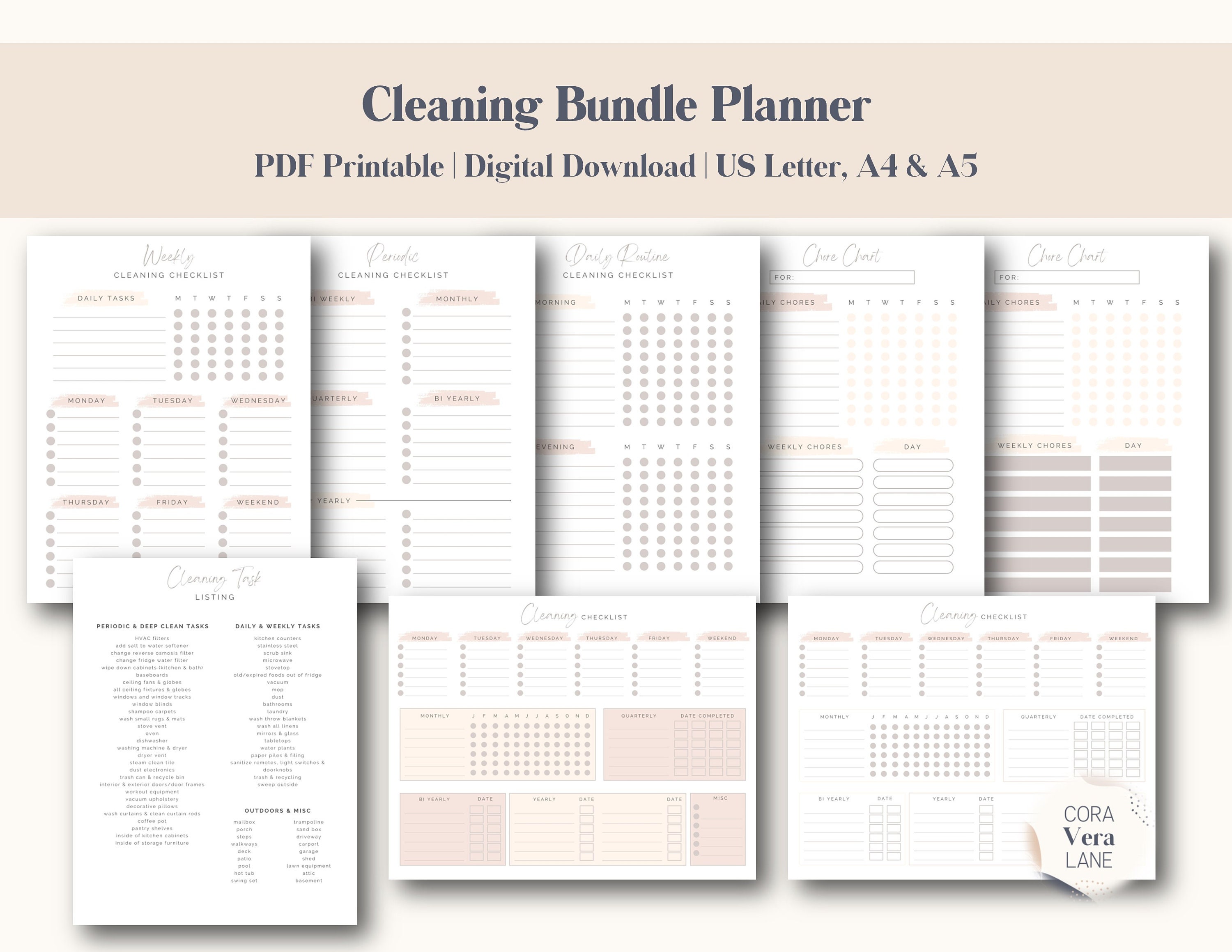 Printable Cleaning Planner Bundle, Cleaning Checklist, Weekly Cleaning ...
