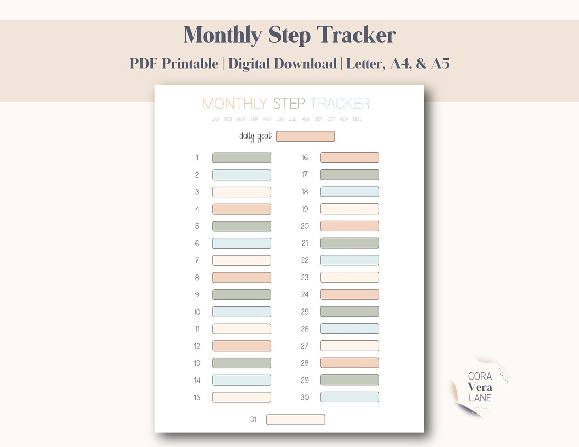 Monthly Step Tracker Printable, Step Tracking, Step Counter PDF US ...
