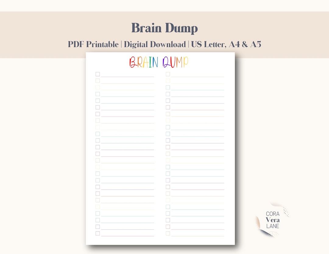 Brain Dump Printable, Instant Download, Productivity Planner, Rainbow ...
