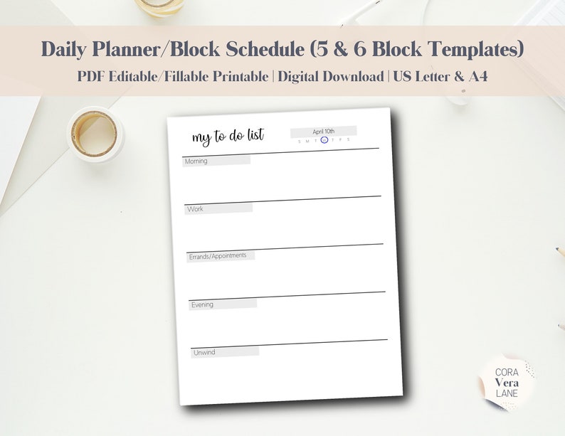 Block Schedule Editable Printable Planner, Productivity Planner, Daily ...