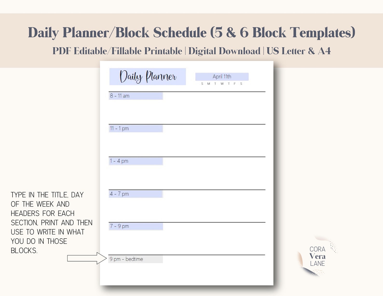 Block Schedule Editable Printable Planner, Productivity Planner, Daily ...