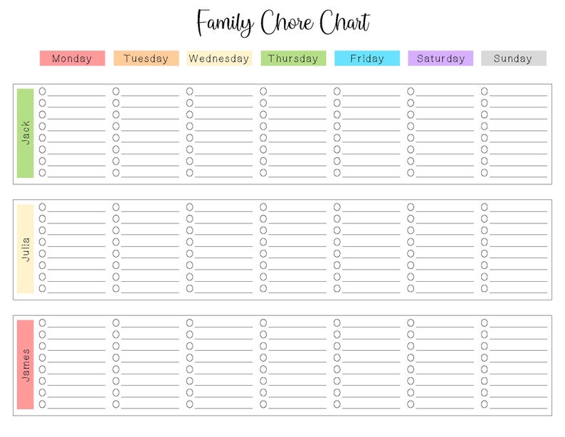 Weekly Chore Chart Family, Chore Chart Template, Weekly Chore List for ...