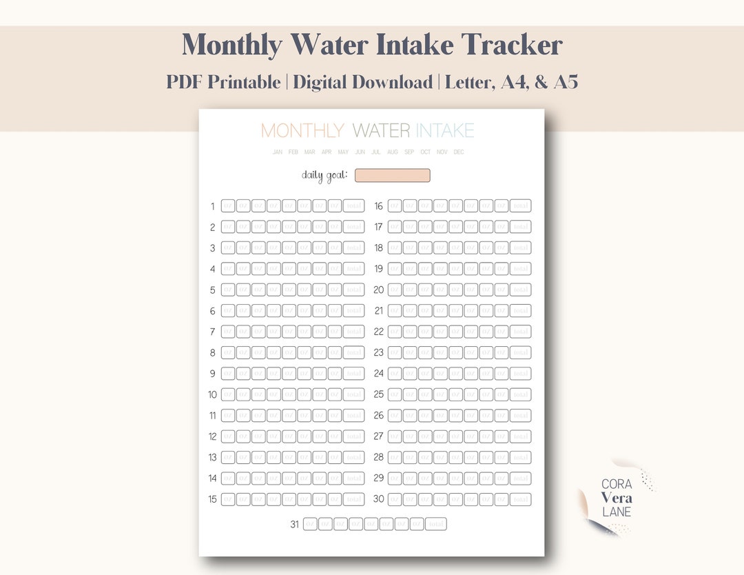 Monthly Water Tracker Printable, Water Intake Tracking, Water Log ...