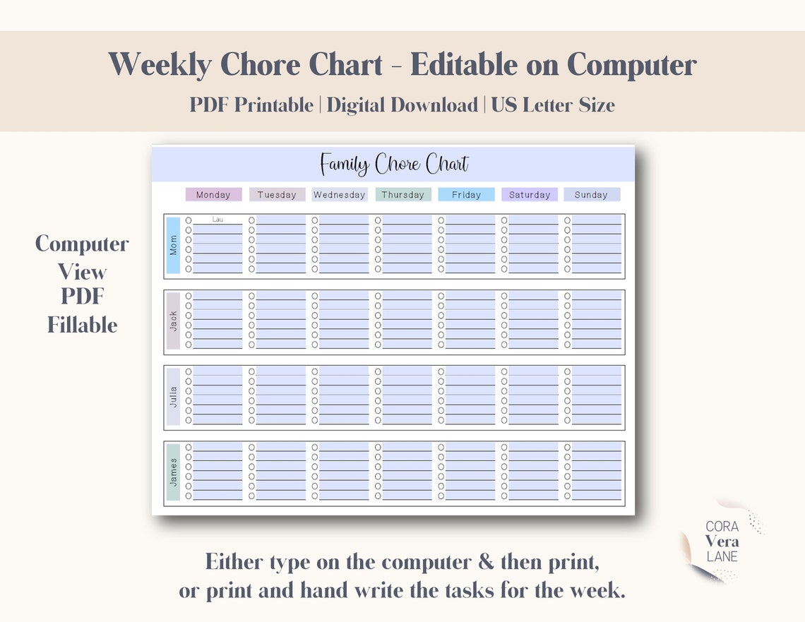 Weekly Chore Chart Family, Chore Chart Template, Weekly Chore List for ...