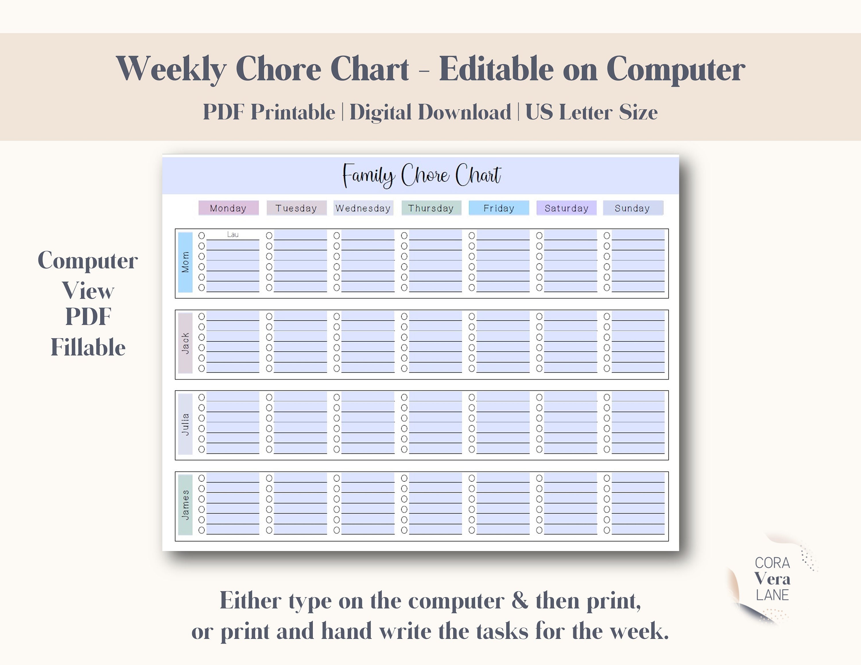 Weekly Chore Chart Family, Chore Chart Template, Weekly Chore List for ...