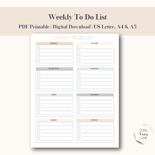 INSTANT DOWNLOAD Weekly Calendar to Do List Calendar Simple - Etsy