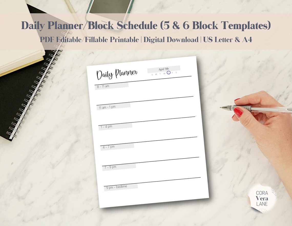 Block Schedule Editable Printable Planner, Productivity Planner, Daily ...