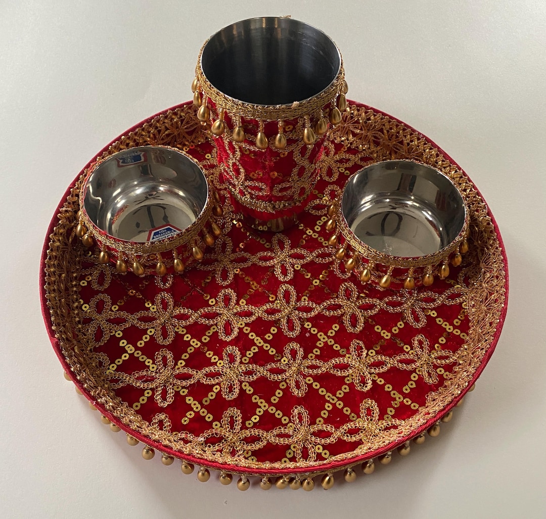 BRIDAL THALI SET 4 Pc, Embroidered Sequins Thali, Red and Gold ...
