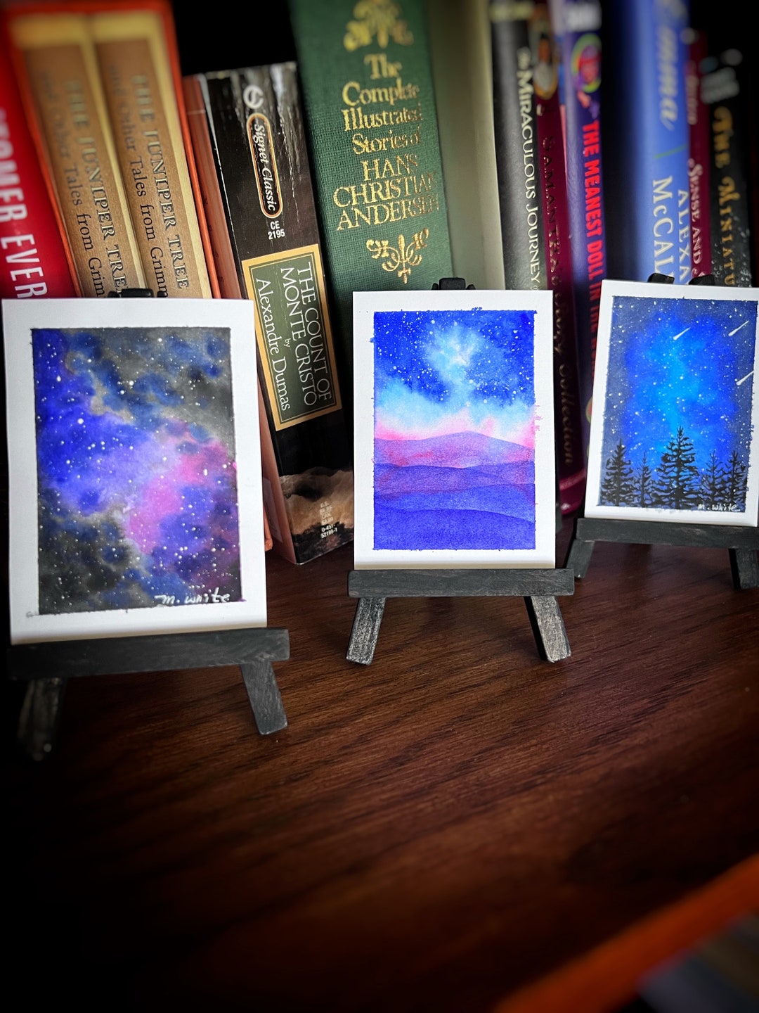 Book Nook Bookshelf Decor Night Sky Galaxy Set of 3 Original Watercolor ...