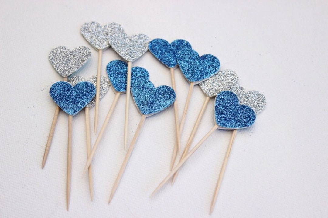 Cupcake Toppers. Blue and Silver Glitter Hearts. Pack of Twelve ...