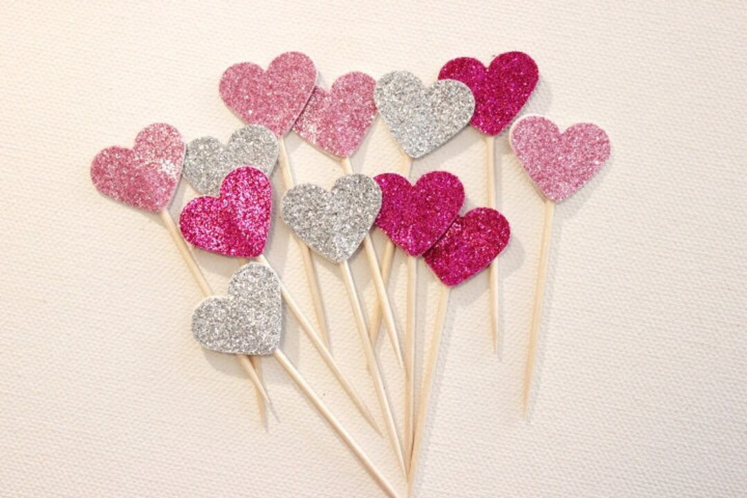 Cupcake Toppers. Hot Pink, Light Pink and Silver Glitter Hearts. Pack ...