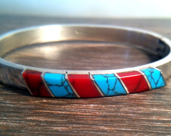 Vintage Turquoise Red Mexican Sterling Silver Bangle Bracelet - Etsy