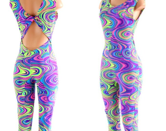 NEON Glow Worm Print Open Back Jumpsuit With Twist Back High | Etsy