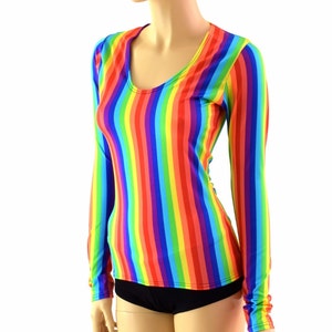 Bright Rainbow Stripe Long Sleeve Scoop Neck Full Length Spandex Top ...