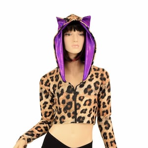 Leopard Print Zipper Front Long Sleeve Crop Hoodie With Grape Purple ...