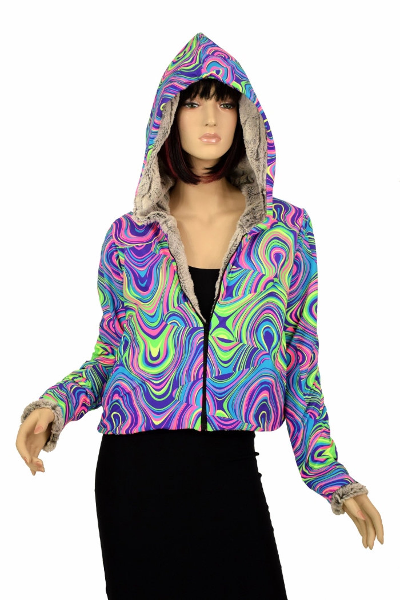 Minky Faux Fur Reversible Short Jacket in Sterling Fox Lined With Neon ...