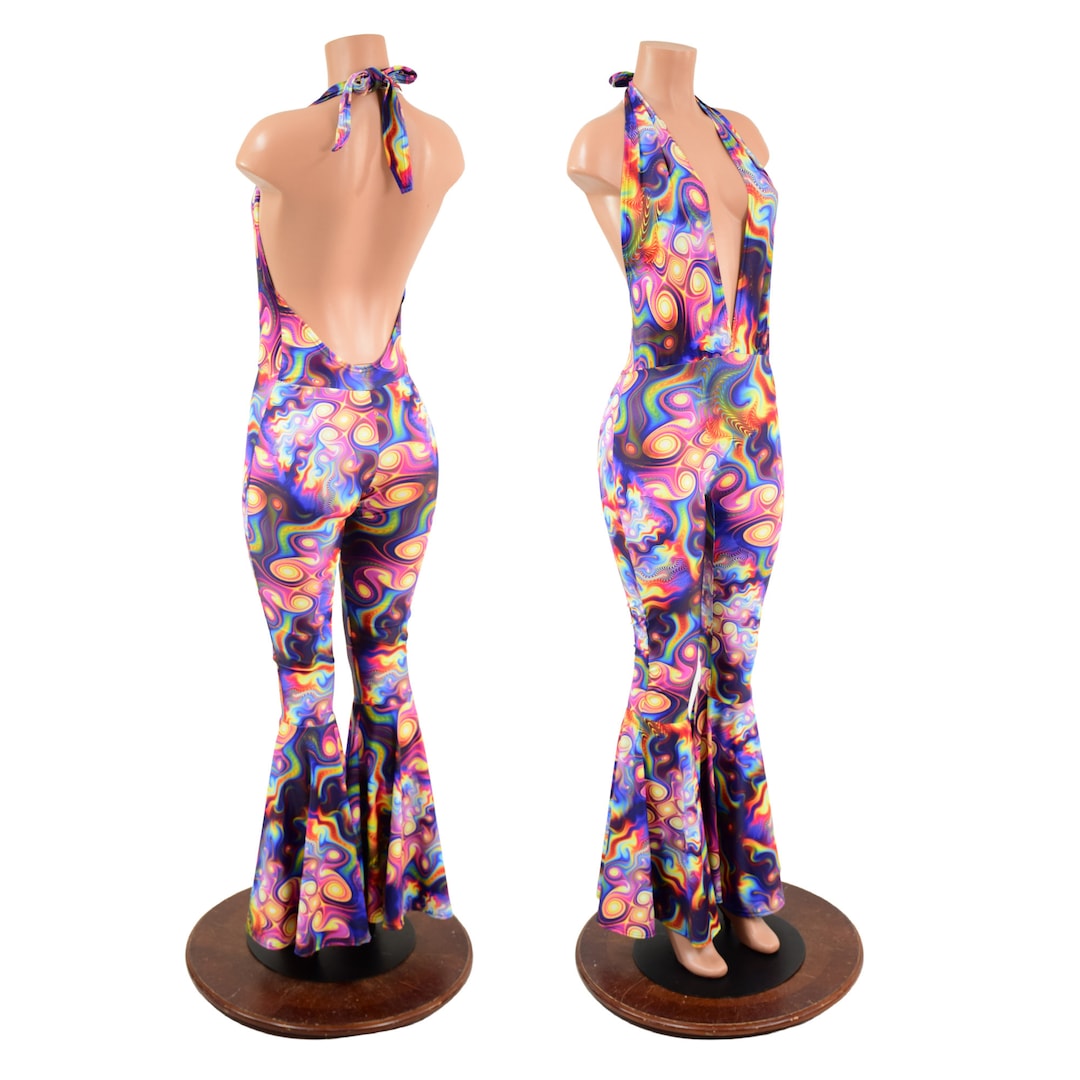 Meteorite Josie Halter Catsuit With Bell Bottom Flares - - Etsy