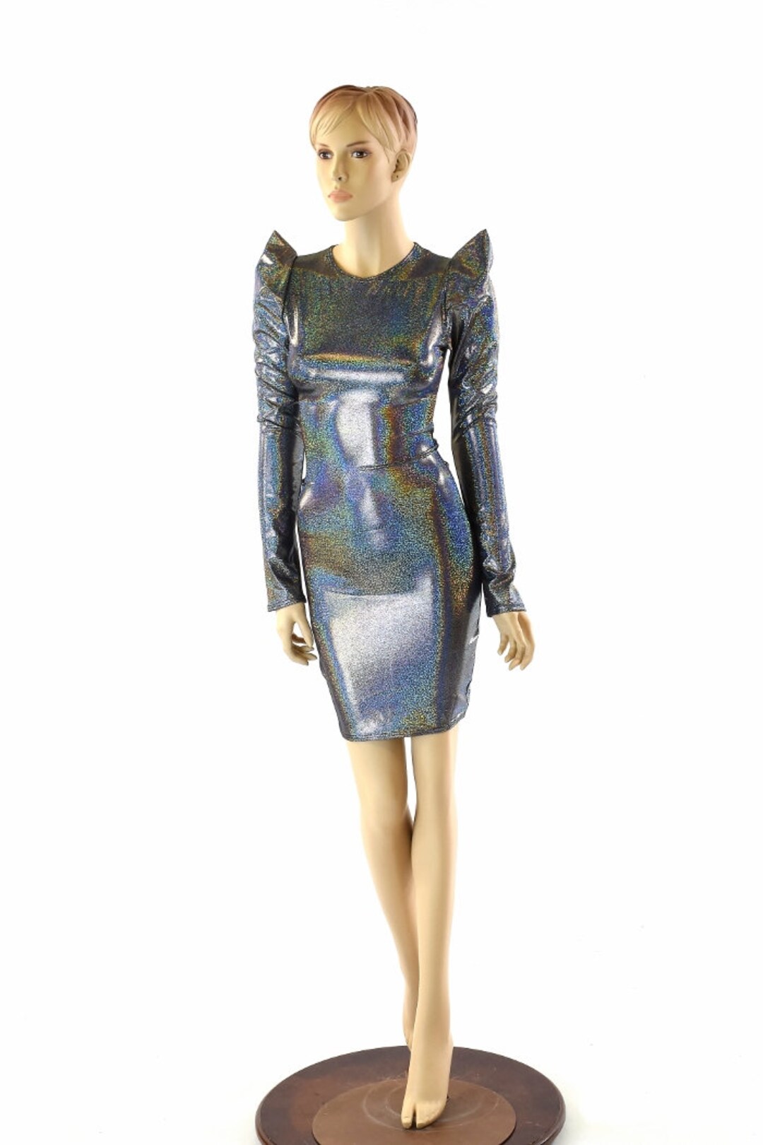 Silver Holographic Sharp Shoulder Long Sleeve Crew Neck Dress 151997 - Etsy