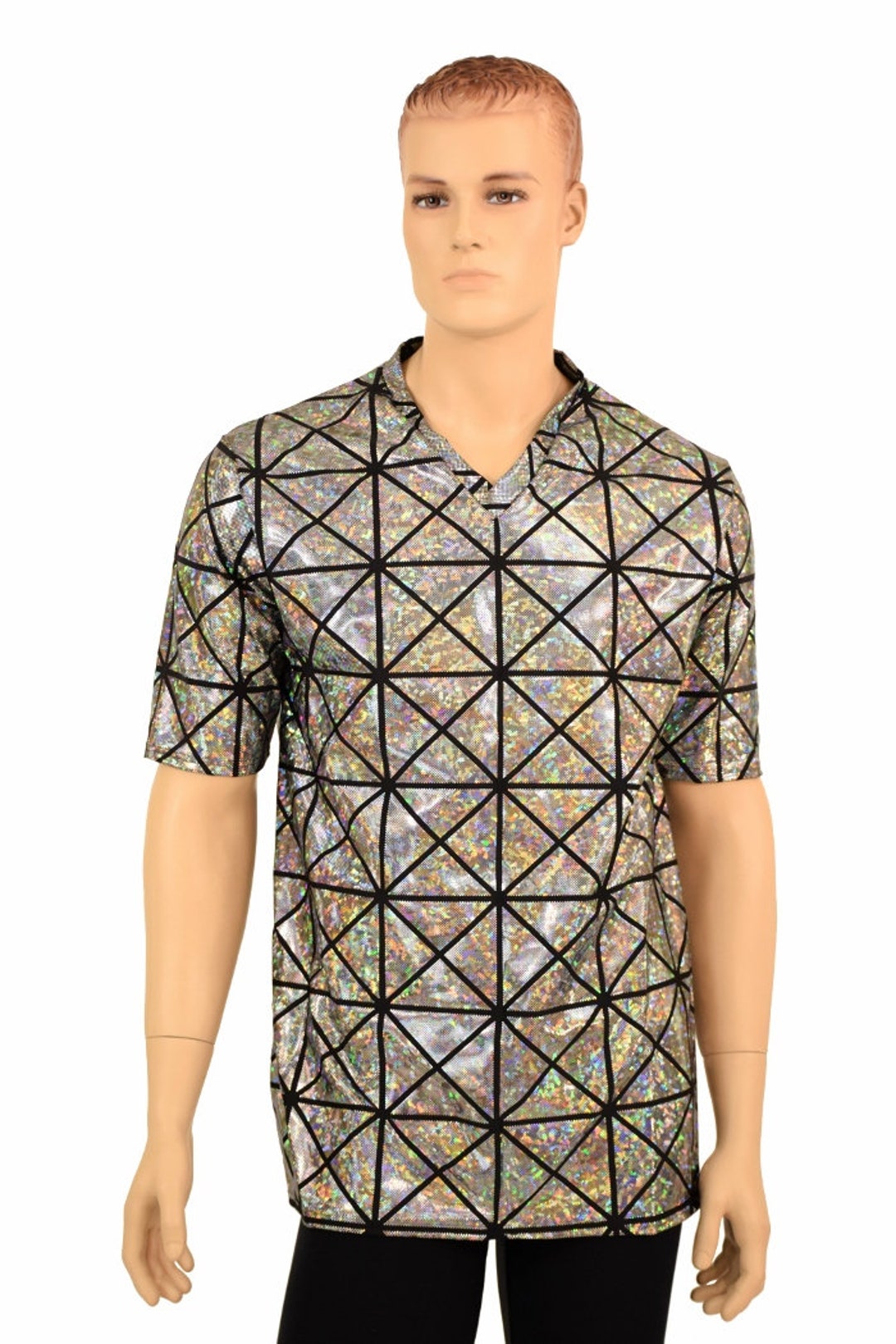 Mens Silver on Black Cracked Tile Holographic V Neck Top With Short ...