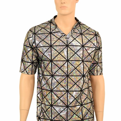 Mens Silver Holographic V Neck Top With Short Sleeves Mens - Etsy