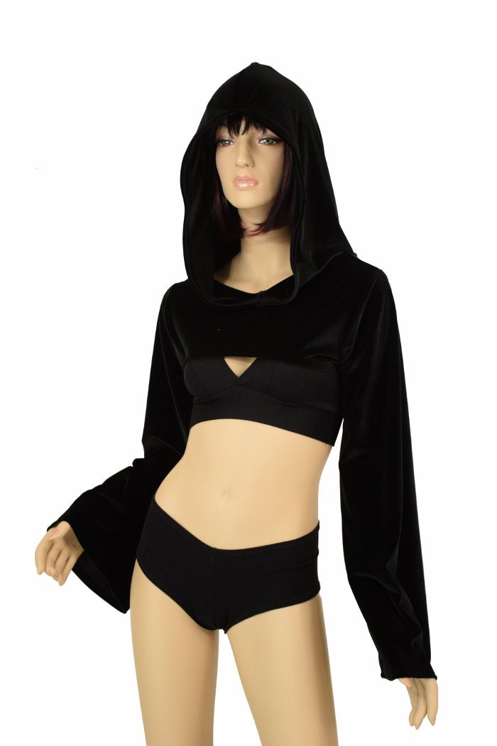 Bell Sleeve Bolero in Black Velvet With Black Zen Lined Hood Bell Sleeve Bolero in Black Velvet With Black Zen Lined Hood
