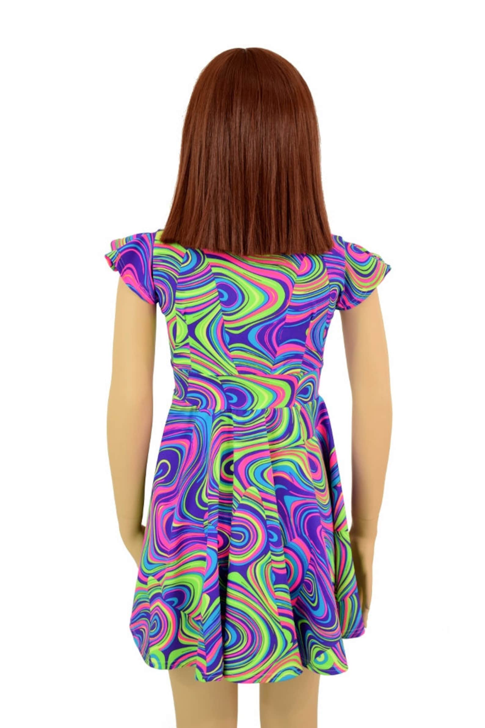 Girls Neon Glow Worm Print Skater Dress With Flip Sleeves 154935 - Etsy