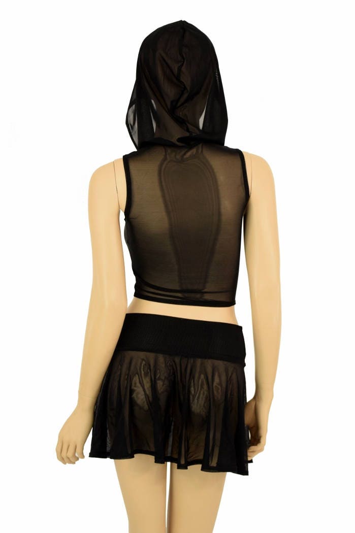 Sheer Stretch Mesh See Through Sleeveless Crop Hoodie & Mini Skirt Set ...