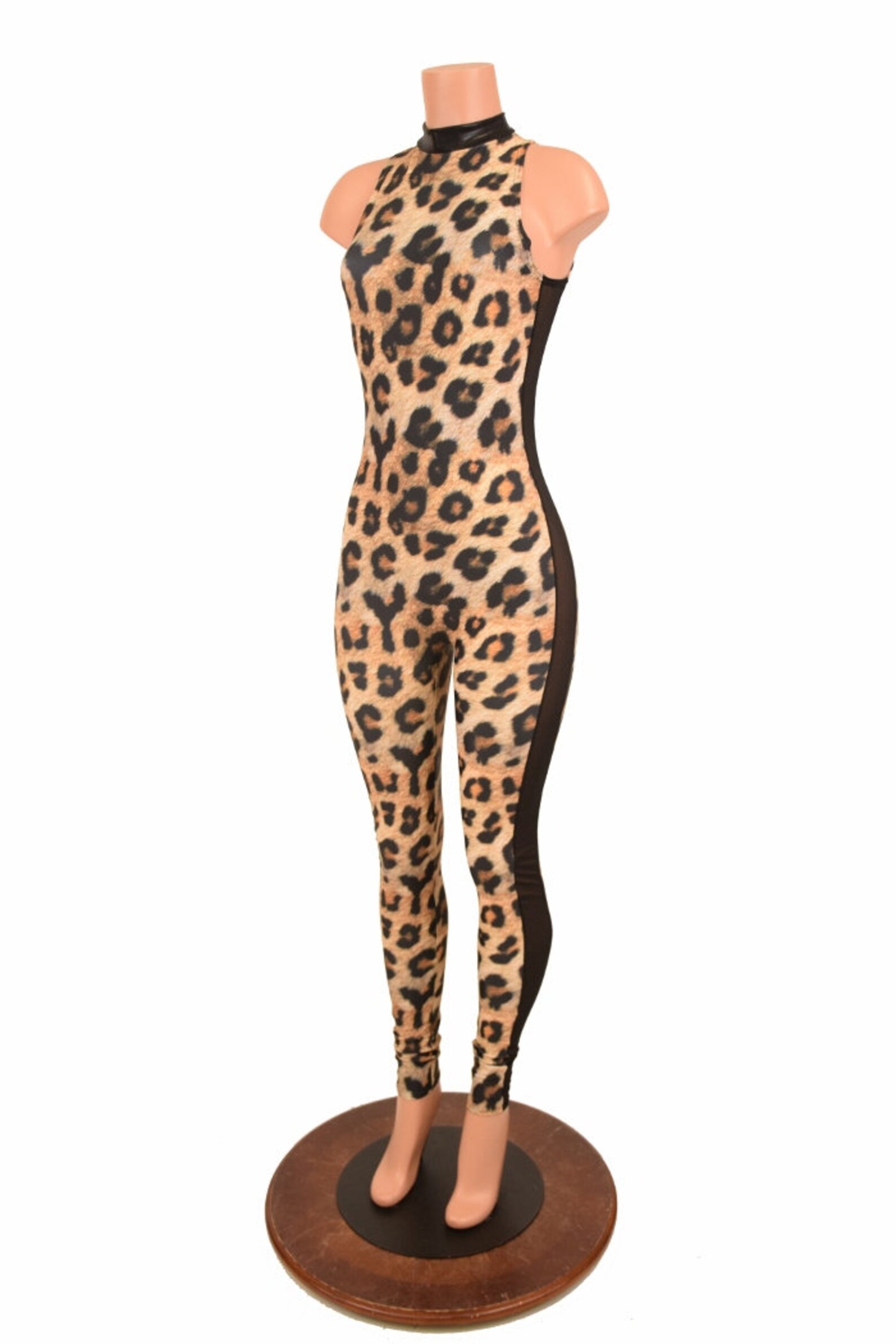 Leopard Print Zipper Back Catsuit With Black Mesh Side Panels - Etsy
