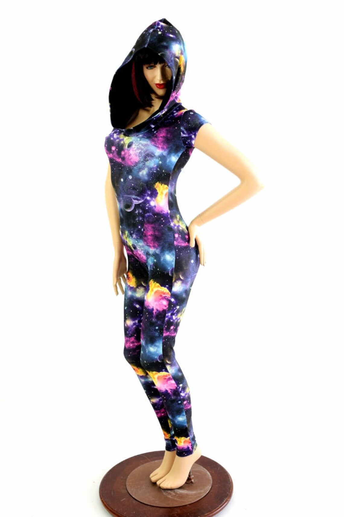 Cap Sleeve UV Glow Galaxy Print Hooded Bodysuit Catsuit W/black Zen ...