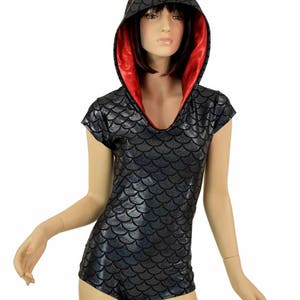 Black Dragon Scale Cap Sleeve Hoodie Romper With Red Holographic Spikes ...