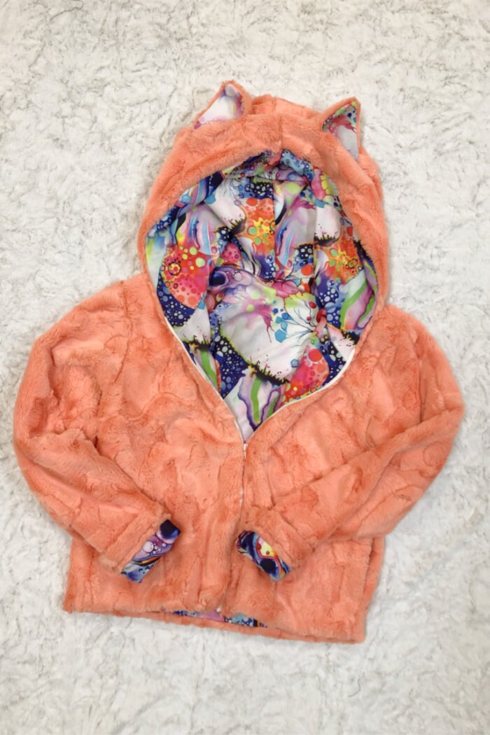 Zipper Front Short Jacket With Kitty Ears in Papaya Minky Faux Fur With ...