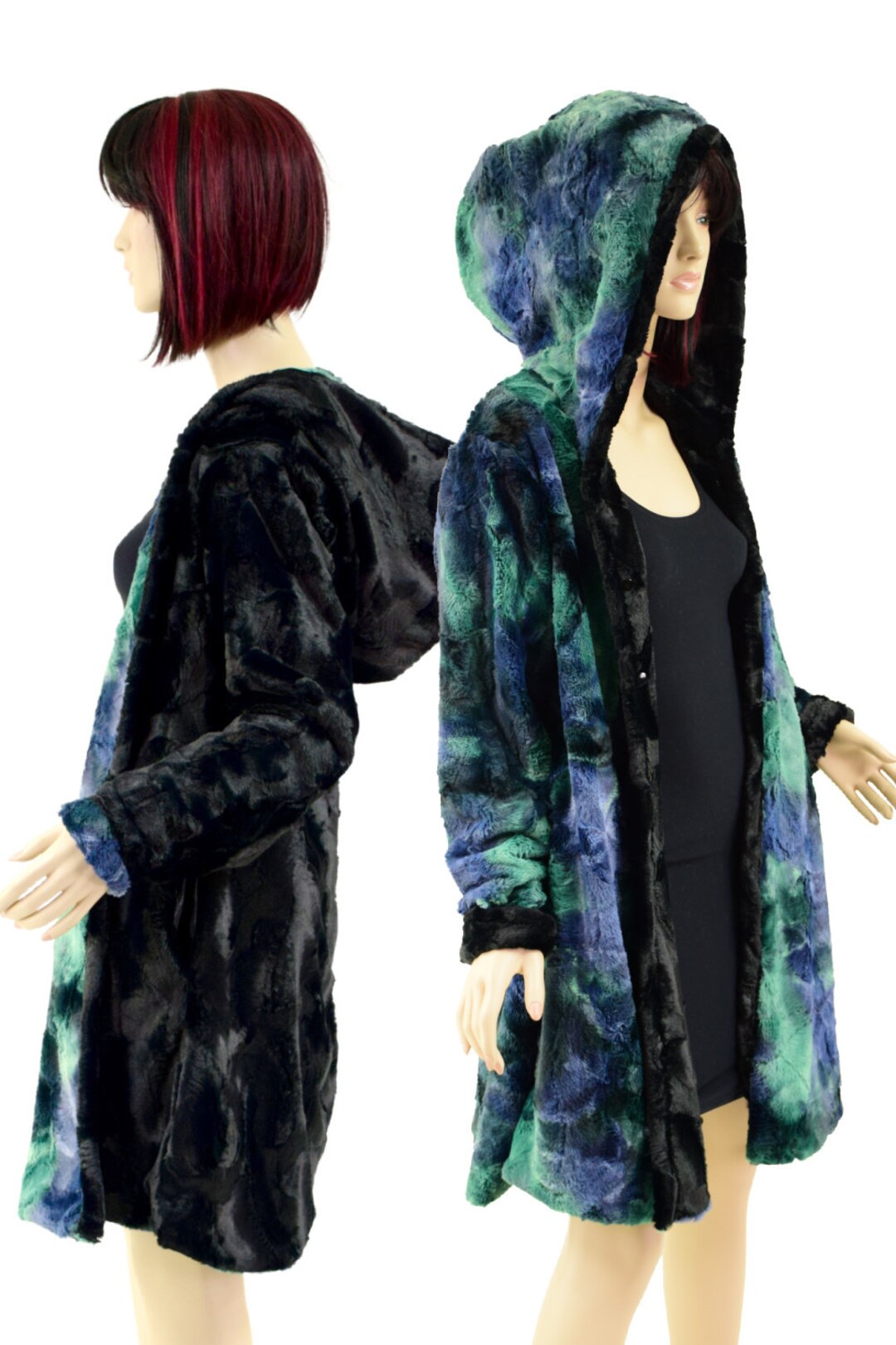 Reversible Double Minky A Line Coat in Black Minky Faux Fur Lined With ...