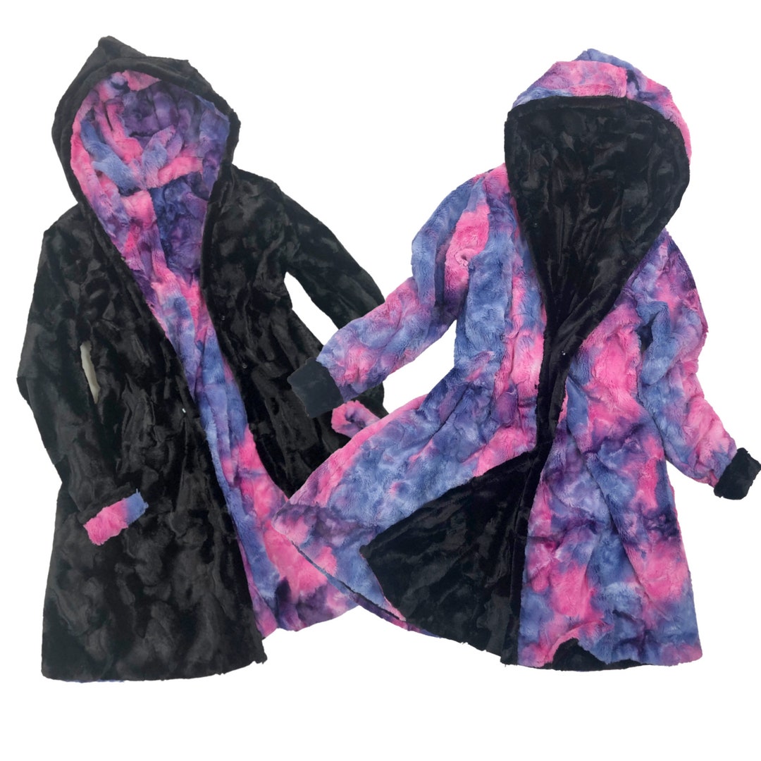 Reversible Minky A Line Coat in Black Minky Faux Fur and Razzle Dazzle ...