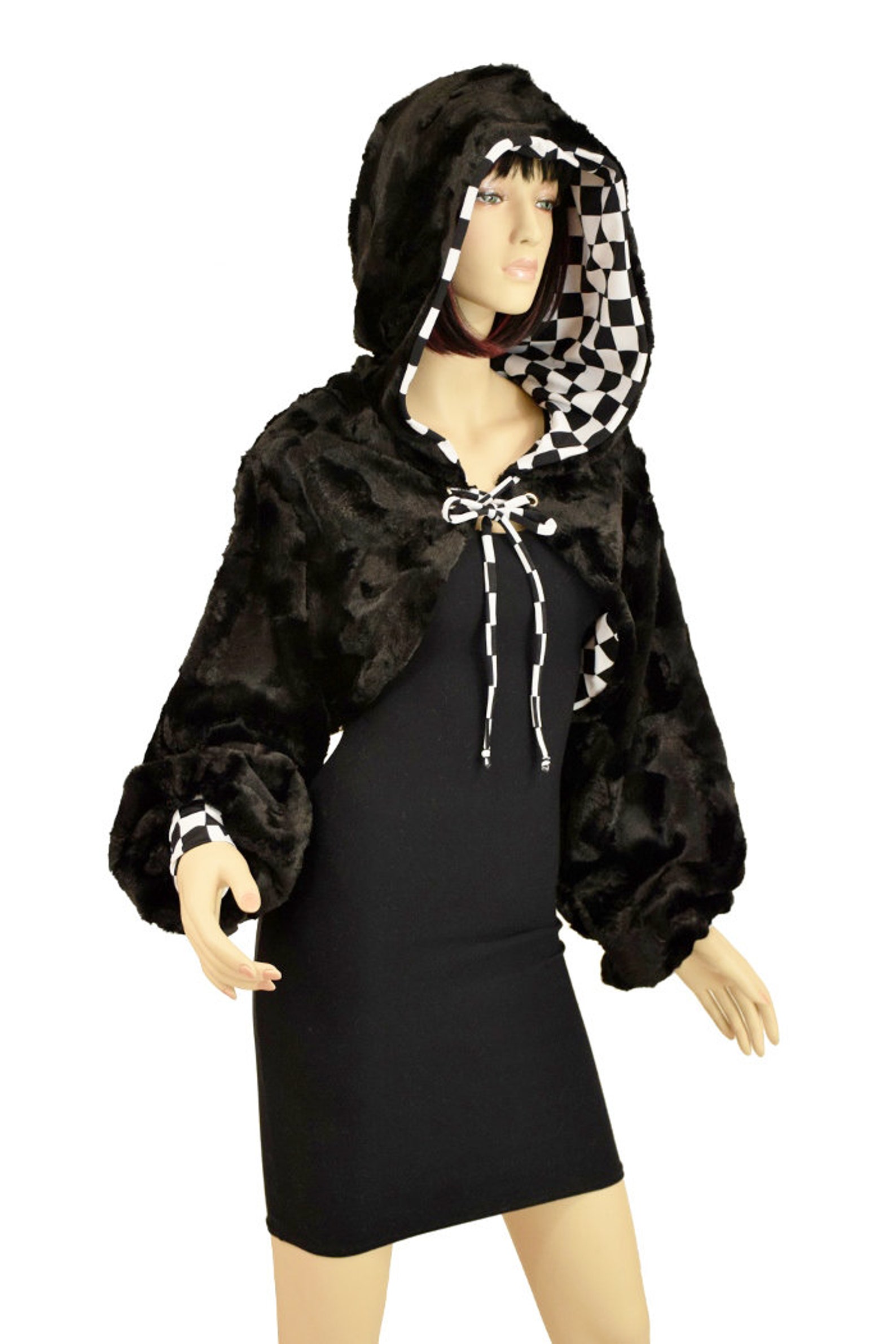 Black Minky Faux Fur Balloon Sleeve Hooded Shrug With Black & White ...