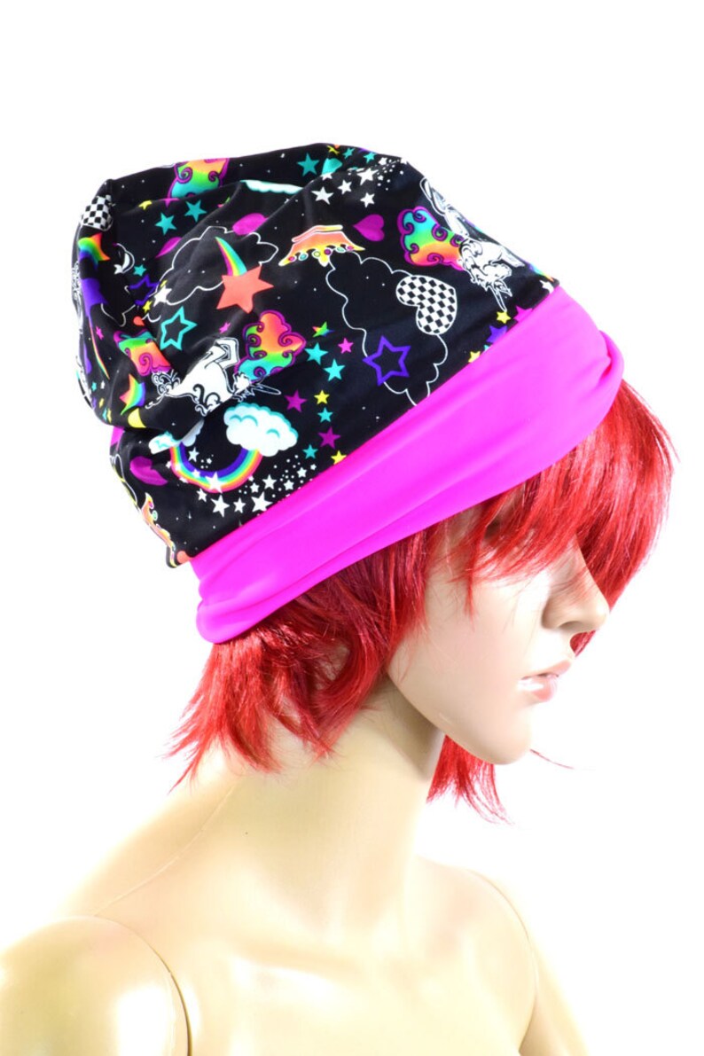 NEON UV Glow Unicorn and Rainbow Print Beanie Hat Stretchy | Etsy