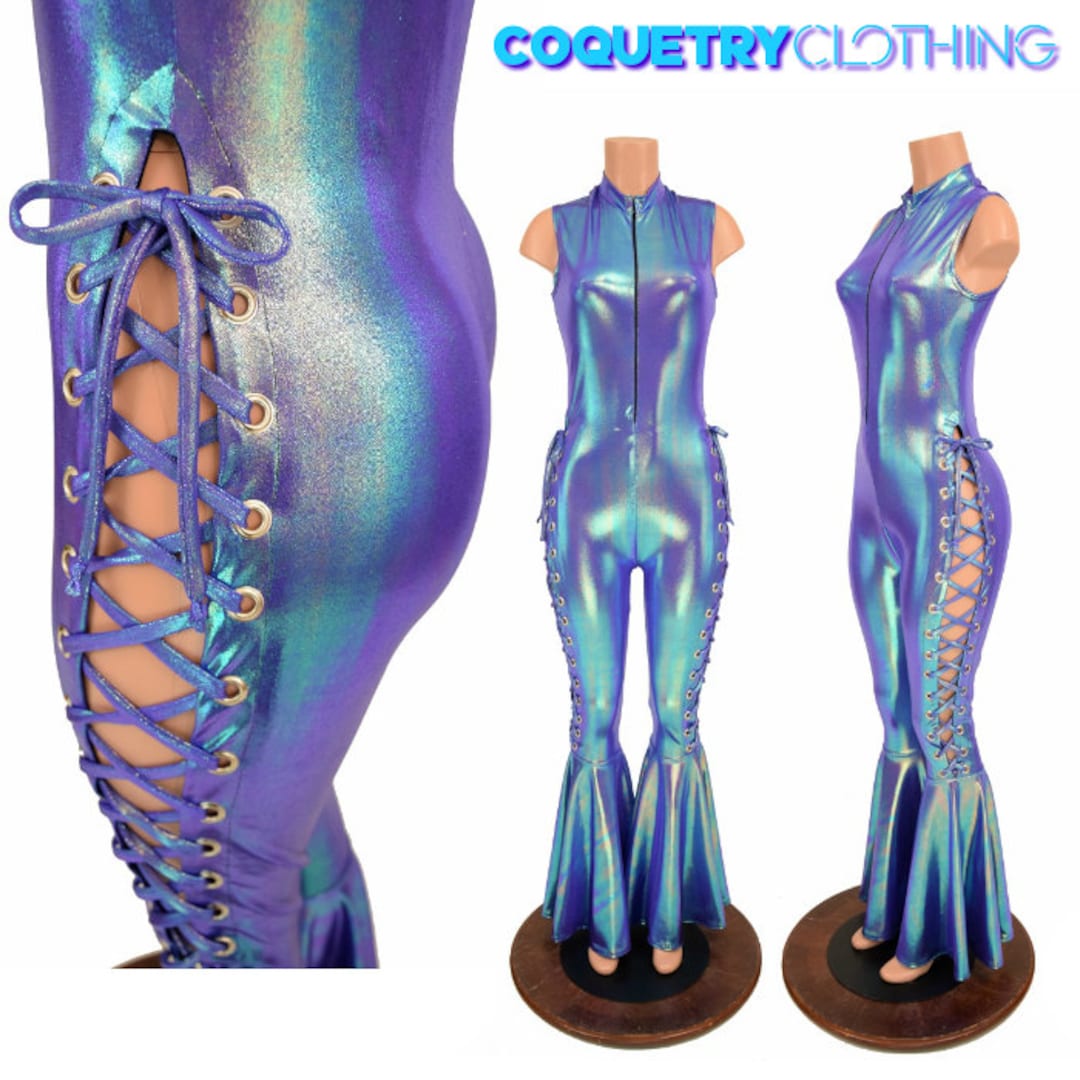 Moonstone Metallic Sleeveless Zipper Front Catsuit W/ Bell Bottom ...
