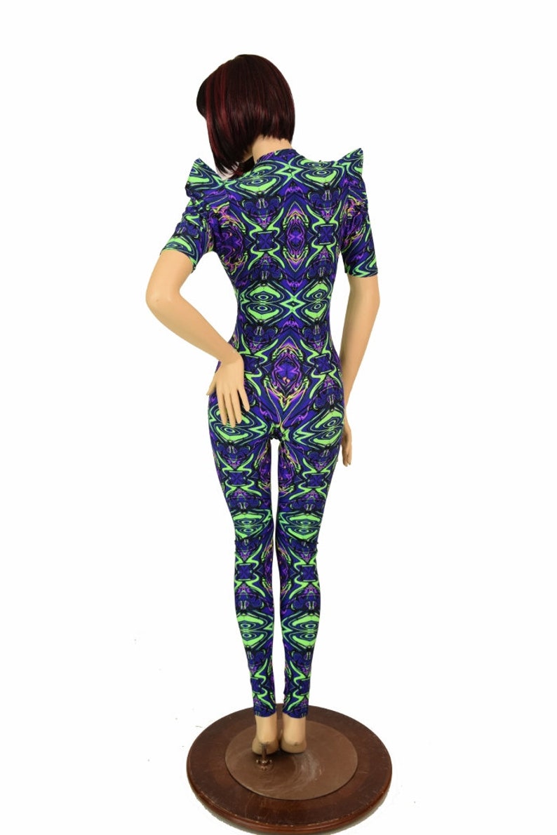Neon Melt Sharp Shoulder Half Sleeve Plunging V Neck UV GLOW Catsuit ...
