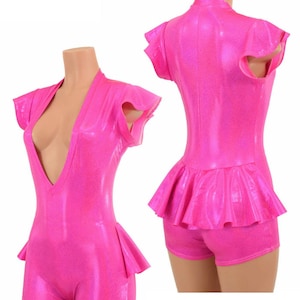 Plunging V Neck Romper With Ruffle Rump, Flip Sleeve, and Boy Cut Leg ...