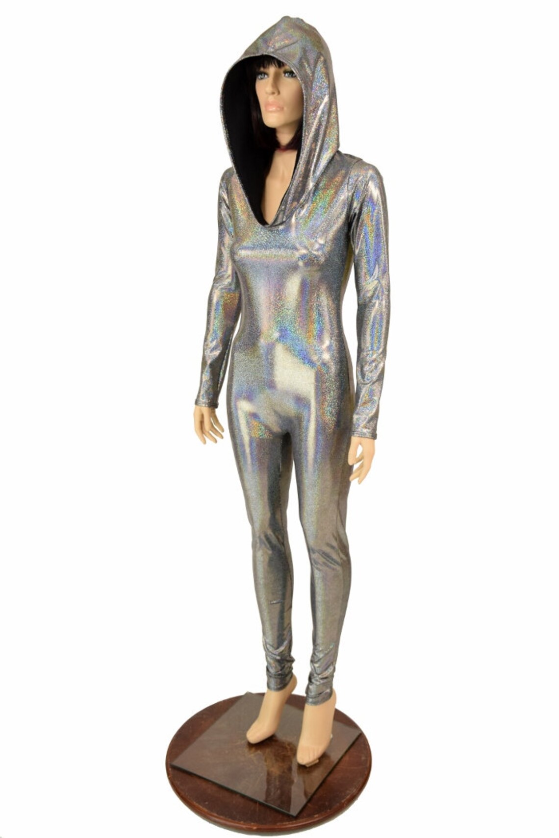 Silver Holographic Sparkly Long Sleeve Catsuit W/black Zen Lined Hood ...