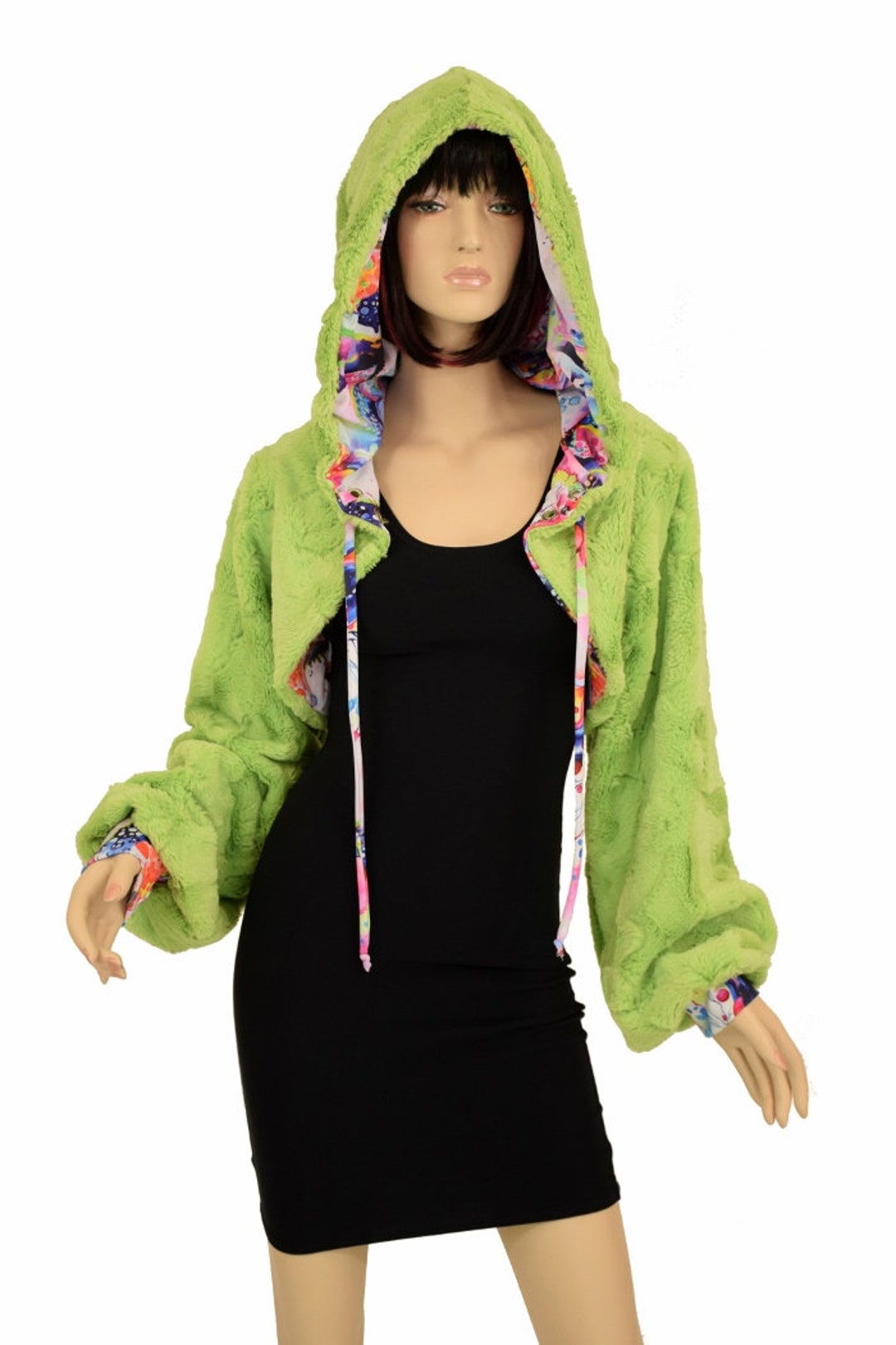 Avocado Minky Faux Fur Balloon Sleeve Hooded Shrug With Dreamscape UV ...