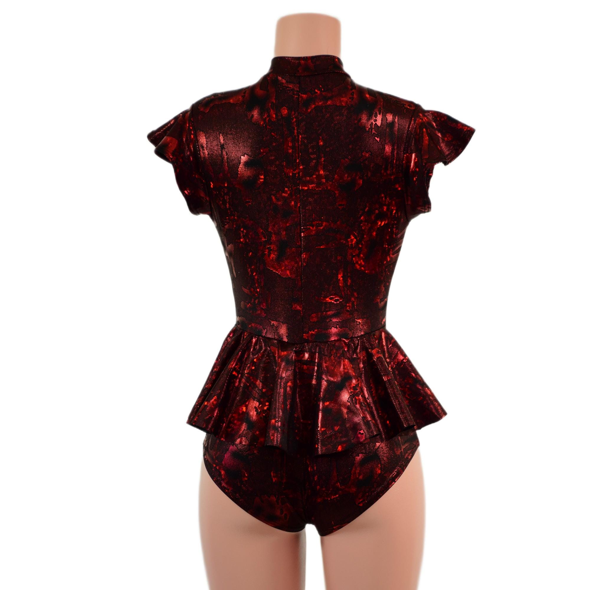 Primeval Red Holographic Zipper Front Ruffle Rump "stella" Short Collar ...