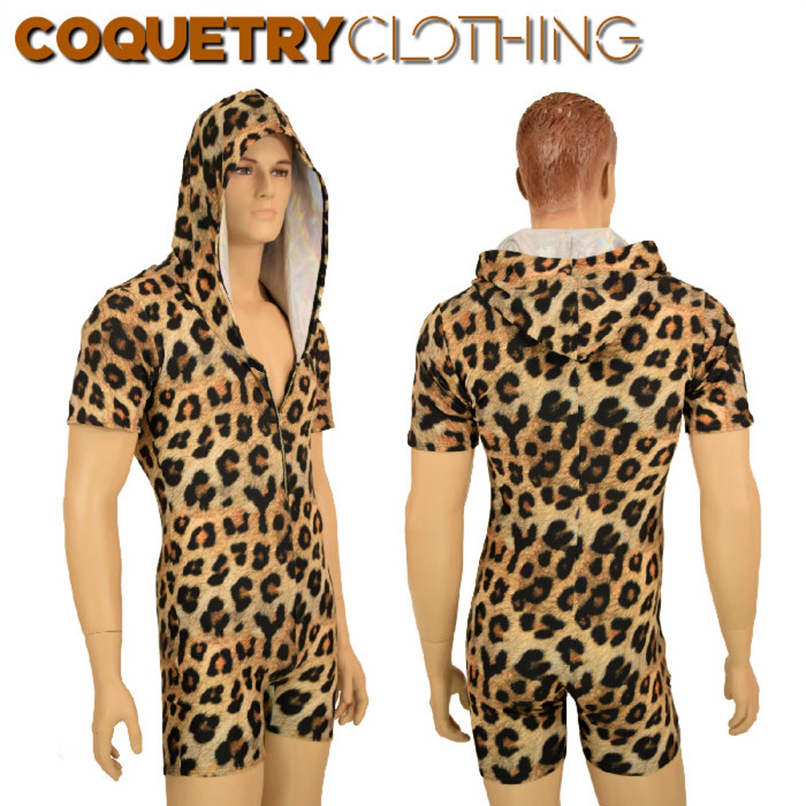 Mens Leopard Print Zipper Front Tee Length Sleeve Hoodie Romper W ...